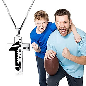 XIEXIELA Football Cross Necklace for Boys, Football Silicone Bracelets, Bible Verse I CAN DO All Things Stainless Steel Sport Pendant for Men Rugby Ball Athletes Sports Lover Bracelets