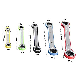 MacWork 5-Piece Offset Ratcheting Wrench Set ，Five Colors Reversible Universal Ratchet Double Ring Spanners,Professional Heat Treated Alloy Steel SAE Combination
