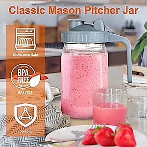 Mason Jar Pour Spout Lid - 32oz Airtight Glass Pitcher with Lid Food Grade and Safe, 1 Quart Sturdy Wide Mouth Sun Tea Jar also Nice for Breastmilk, Cold Brew Coffee, Iced Tea, Fruit Tea