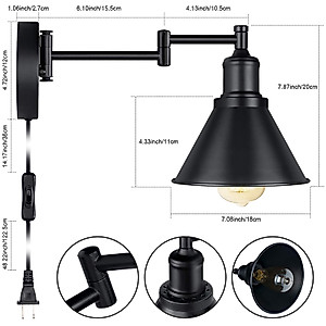 IC INSTANT COACH, Swing Arm Wall Light Fixtures Wall Light Plug-in Cord with On Off Switch on Cord Industrial Wall Sconce Black Finish (2 Lights)