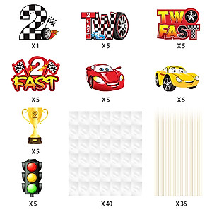 Aodocuto 36pcs Race Car Two Fast Birthday Cake Topper Decorations for Baby Boys, Racing Car Theme 2nd Birthday Cupcake Toppers Party Supplies, 2 Year Old Let’s Go Racing Cupcake Picks Decor