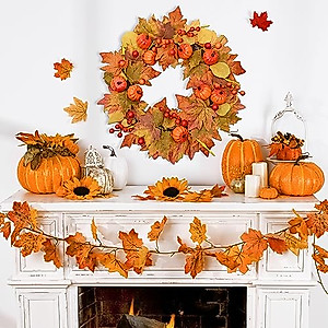Fall Decor - Fall Wreaths for Front Door, 18" Fall Wreath with Fall Leafs Pumpkins Berry - Fall Decorations for Home Autumn Wreath Decor for Front Door
