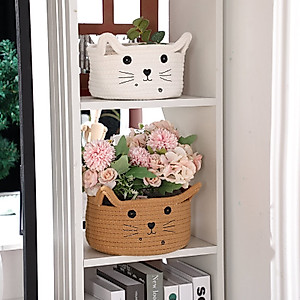 Zopeal Cat Basket Storage Woven Basket Organizer with Ears Decorative Pet Toy Cute Basket Cotton Rope Basket for Gift Cat Dog Toy Bin Nursery Room Kid (Khaki,8.3 x 4.7 Inch)