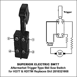 Superior Electric SW77 Aftermarket 20 Amp Trigger On-Off Switch Replaces Skil 2610321608, Ryobi & Ridgid 760245002
