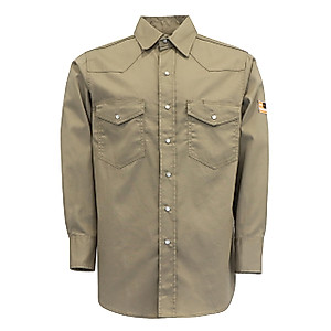 KONRECO FR Shirts for Men Long Sleeve Flame Resistant Pearl Snaps Cotton Men's Welding Shirts Khaki- Size L