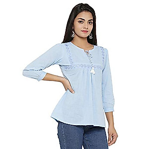 Yash Gallery Indian Cotton Embroidered Summer Ragular Tops for Women (Light Blue)