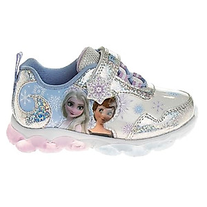 Disney Frozen LED Light up Shoes for Girls - Princess Anna and Elsa Lightweight Breathable Tennis Running Sneakers - Blue/Silver (Size 9 Toddler)