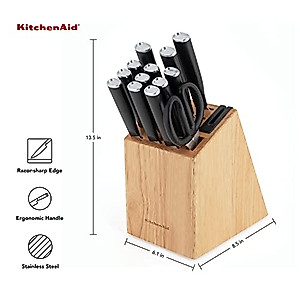 KitchenAid Classic 15 Piece Knife Block Set with Built in Knife Sharpener, High Carbon Japanese Stainless Steel Kitchen Knives, Sharp Kitchen Knife Set with Block, Rubberwood