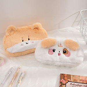 NIORYUZ Fluffy Plush Cute Animal Puppy Kitty Bunny Pencil/Pen Pouch Soft Cosmetic Bag Tote/Travel Organizer Large Capacity (Kitty)