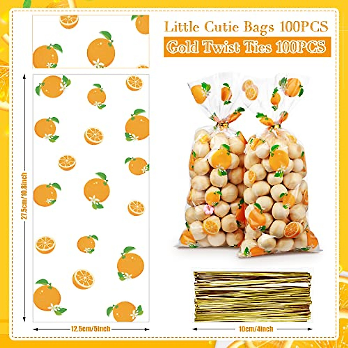 Pajean 100 Pieces Little Cutie Baby Shower Cellophane Treat Bags Oranges Citrus Theme Cuties Baby Shower Party Candy Bags 100 Pieces Twist Ties Tangerine Summer Baby Shower Birthday Party Gold