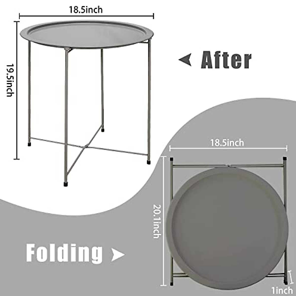 Garden 4 you Folding Tray Metal Side Table Grey Round End Table Cyan Sofa Small Accent Fold-able Table, Round End Table Tray, Next to Sofa Table, Snack Table for Living Room and Bed Room