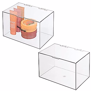 mDesign Plastic Stackable Bathroom Storage Organizer Box with Hinged Lid - for Cabinet, Vanity Organizer for Makeup, First Aid, Hair Accessories - 6.5" High - 2 Pack, Includes 32 Labels - Clear