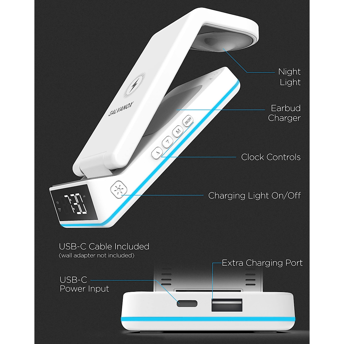 Galvanox 3-in-1 Wireless Charging Station with Alarm Clock for All Samsung Devices - Foldable Design with Nightlight - Compatible with Galaxy Phones/SmartWatch and Earbuds (White)