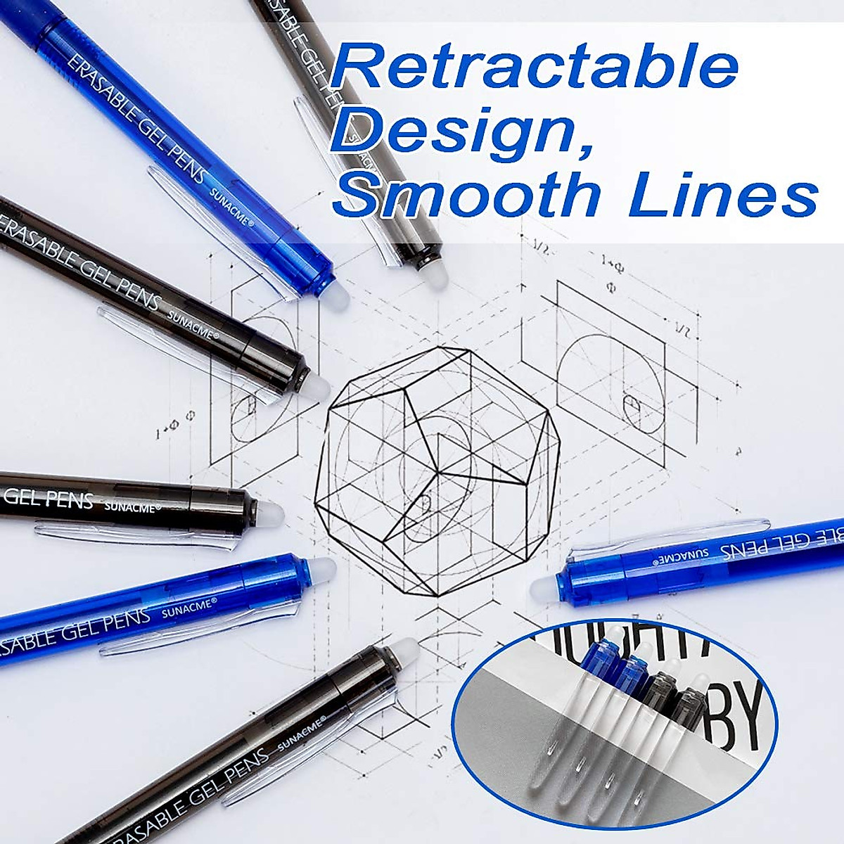 sunacme Erasable Gel Pens, Retractable Erasable Gel Pen Clicker Fine Point 0.7 mm, Smooth Ink for Writing (8 Black/8 Blue)
