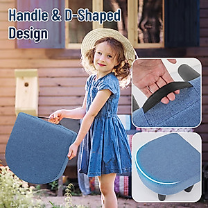 Allinside Ottoman Footstool with Handle, D-Shaped Linen Footrest, Small Shoe Seat Step Stool, Soft Sponge Foot Stool for Living Room, Bedroom, Couch, Entryway (Blue)