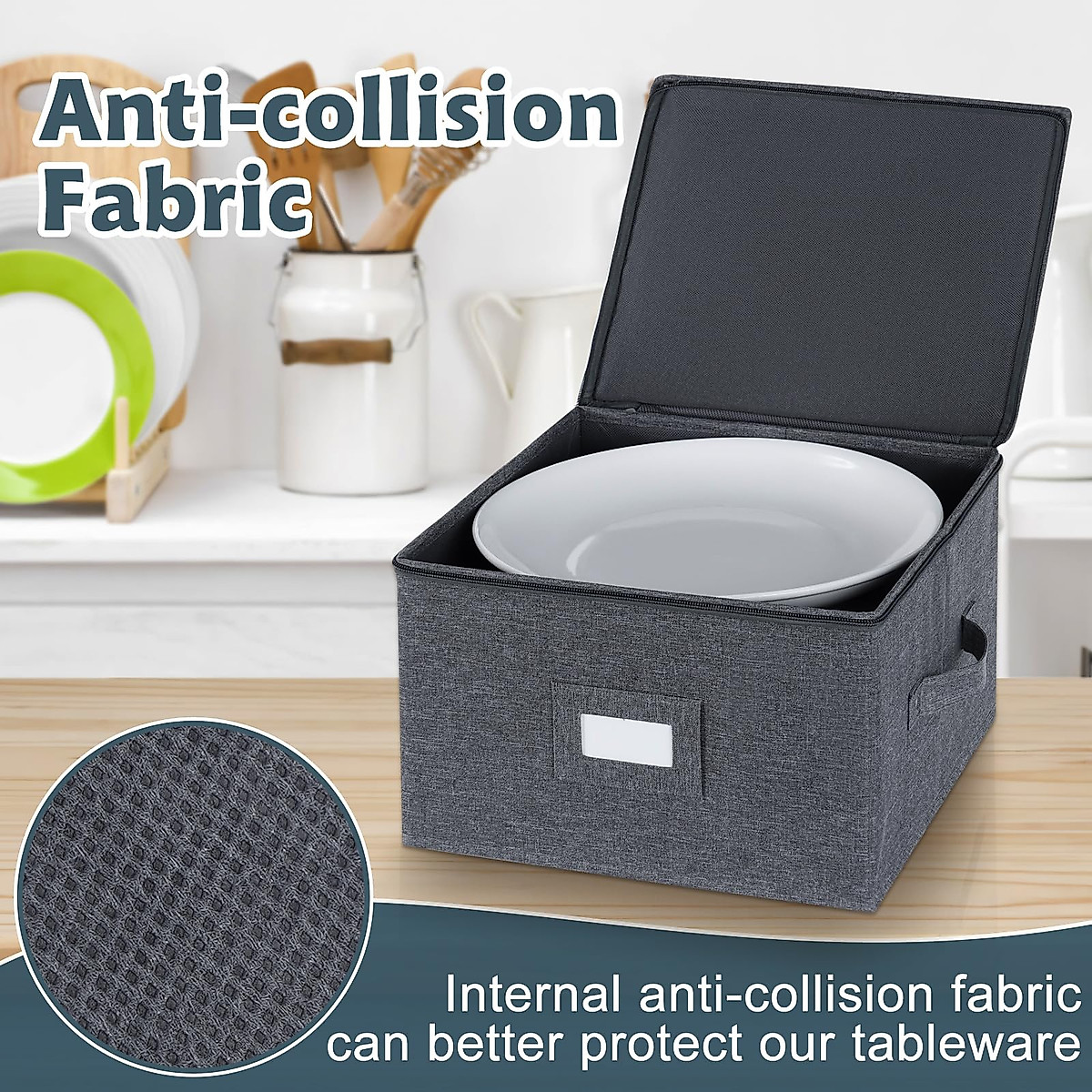 popoly China Storage Containers Inside 12" W x 8" H, Dinnerware Storage Box for Dishes Plate Storage with 24 Felt Dividers, Hold 24 Plates, Hard Shell and Stackable (2 Pack Grey)