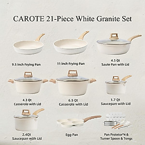 CAROTE 21Pcs Pots and Pans Set, Nonstick Cookware Sets, White Granite Induction Cookware Non Stick Cooking Set w/Frying Pans & Saucepans(PFOS, PFOA Free)