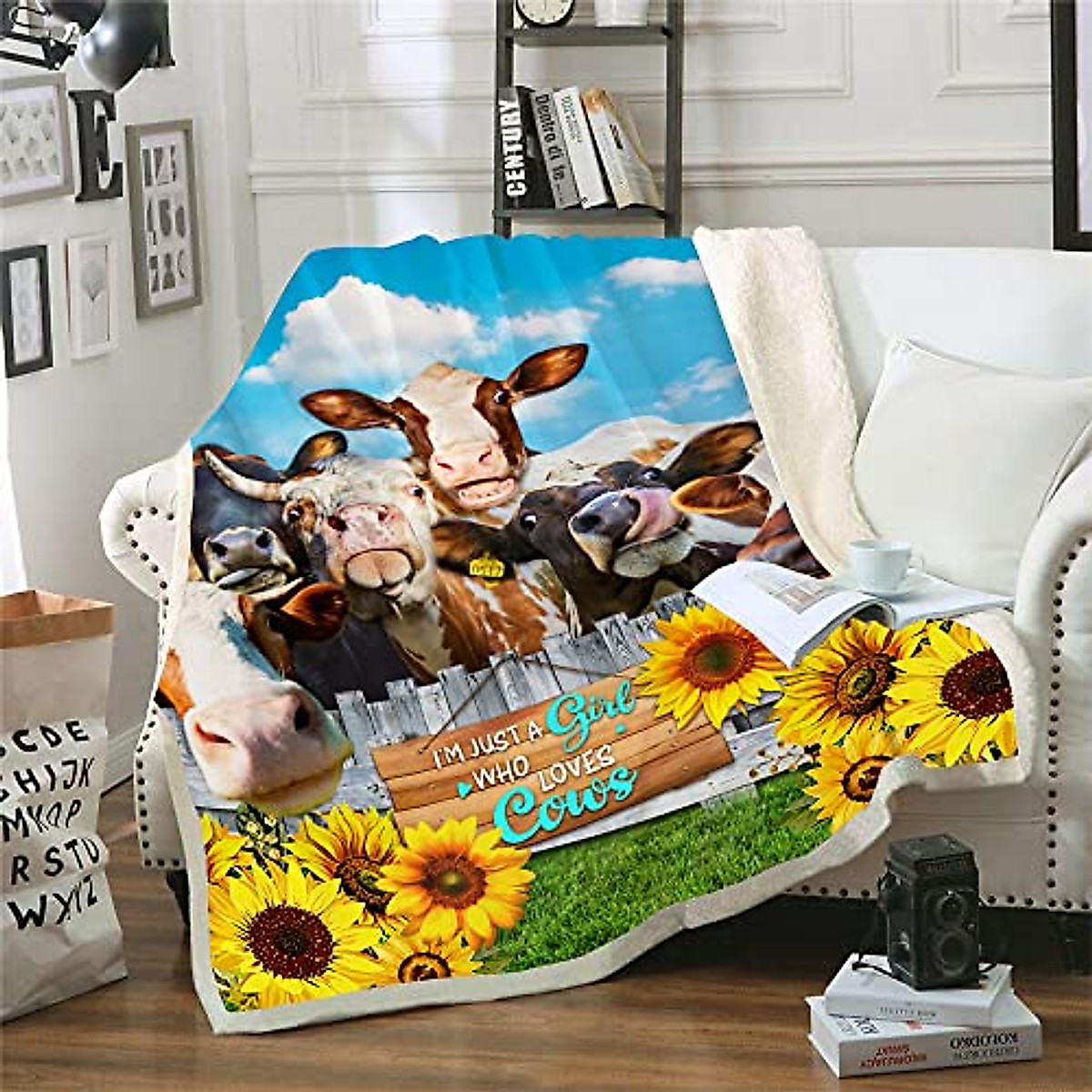 Funny Cow Print Blanket Cute Cow Sunflower Decor Bedding Throw Blanket Gifts for Girl Women Christmas Birthday Valentine's Day Soft Cute Farm Animal Cow Blanket Gifts (COW6,50"x 60")
