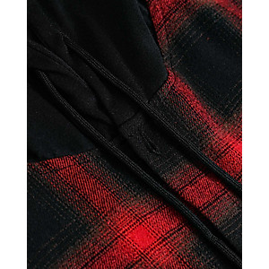 Mens Hooded Flannel Plaid Button Shirt Lightweight Long Sleeve Shirt Jackets with Hood Red Black