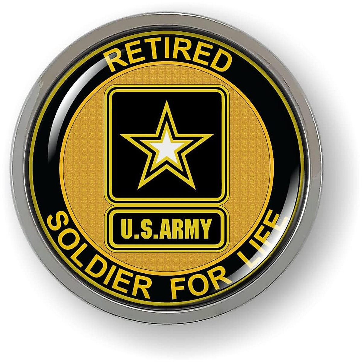 [Officially Licensed Product] - U.S. Army Retired Soldier for Life 3D Domed CAR Emblem Badge Sticker Round Chrome Metal Round Bezel