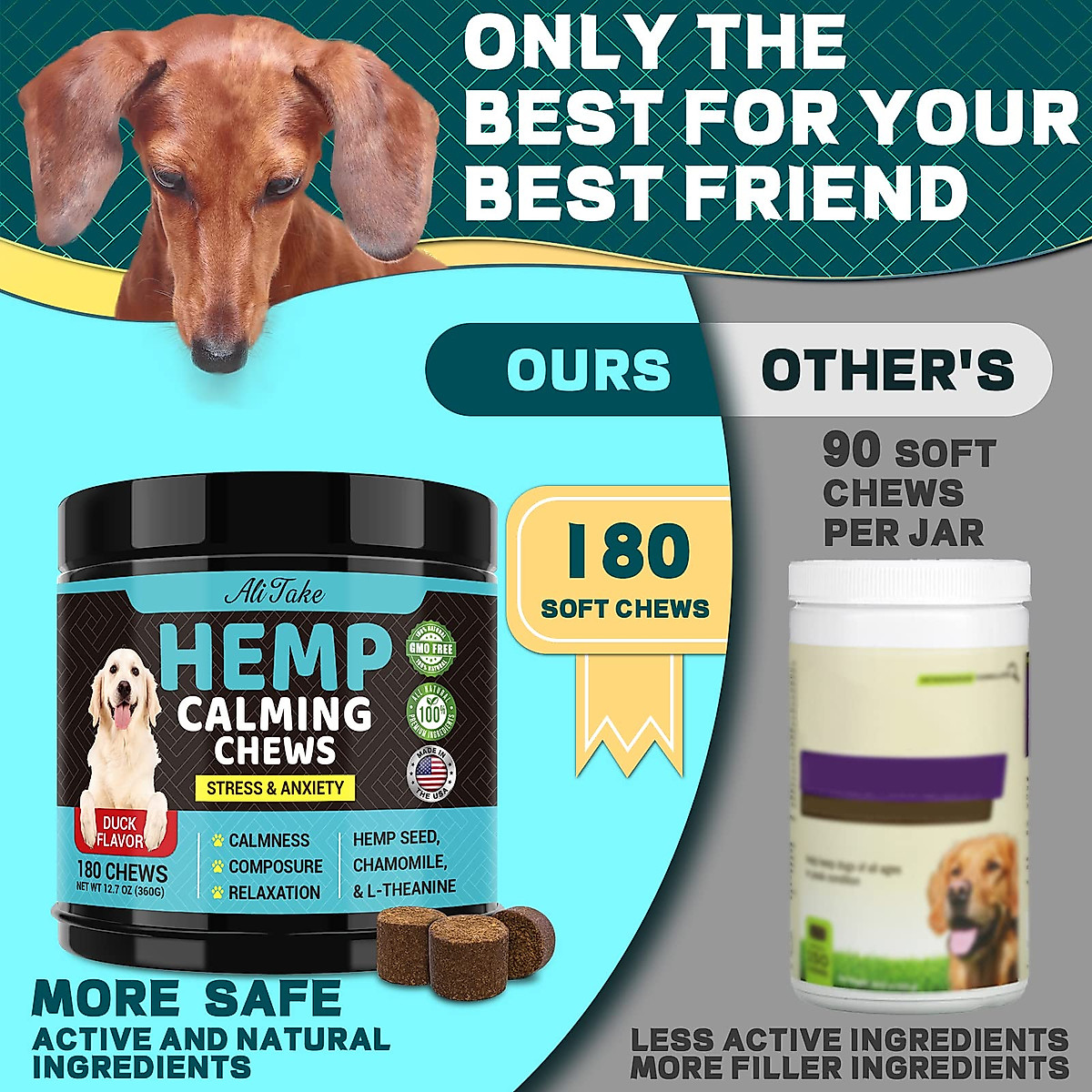 Hemp Calming Chews for Dogs - Dog Calming Treats Anxiety Relief 100% Golden Ratio of Natural Ingredients Calming Dog Treats, Aid with Separation, Barking, Stress Relief, Thunderstorms - Duck Flavor