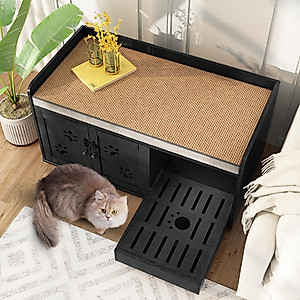 Recaceik Cat Litter Box Enclosure with Mat, Hidden Cat Washroom Furniture with Litter Catcher Box, Wooden Cat House with Door Indoor Cat Cabinet Fit Most Litter Box