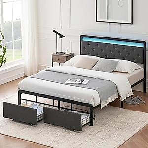 Queen Size Bed Frame with 2 Storage Drawers, Button Tufted Headboard and LED Lights, Upholstered Platform Bed with Storage, Heavy Duty Metal Slats, No Box Spring Needed, Noise Free, Easy Assembly
