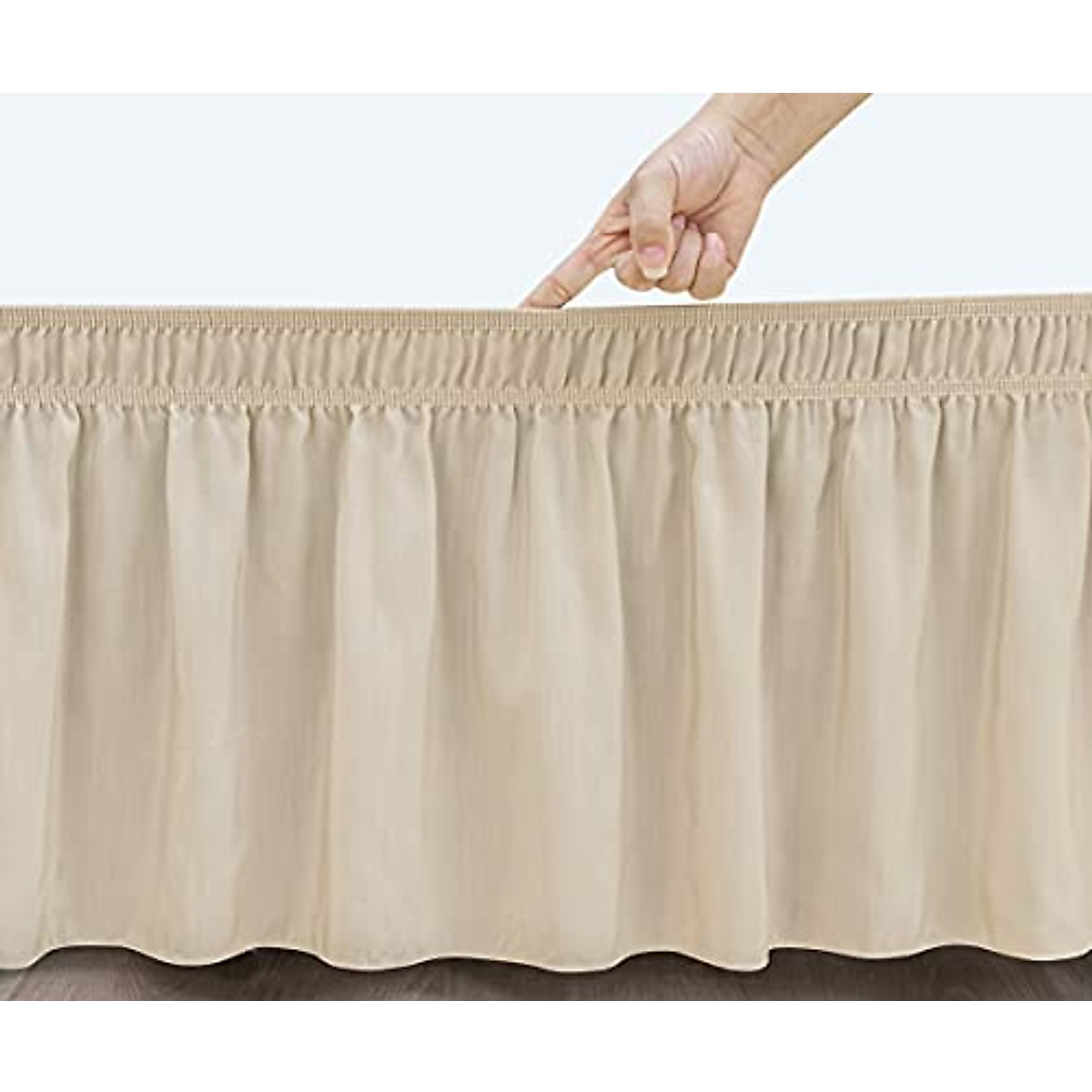 Biscaynebay Wrap Around Bed Skirts for Queen Beds 15" Drop, Light Camel Elastic Dust Ruffles with Adjustable Belts Silky Luxrious Fabric Machine Washable