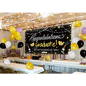 Graduation Decorations Class of 2024 - Lighted Large Congrats Grad Banner Garland Photo Backdrop+Balloons+Hanging Swirls Party Supplies (25PCS, Black, Not Include Battery)