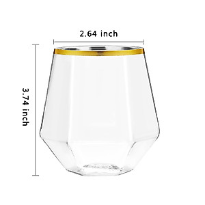 Brittany 40pcs Stemless Plastic Wine Glasses 12 oz Diamond Plastic Cups Crystal Clear Gold Rim Glasses for Whiskey, Cocktails, Juice, Trendy & Modern Stemware Suit for Birthday, Party, Wedding