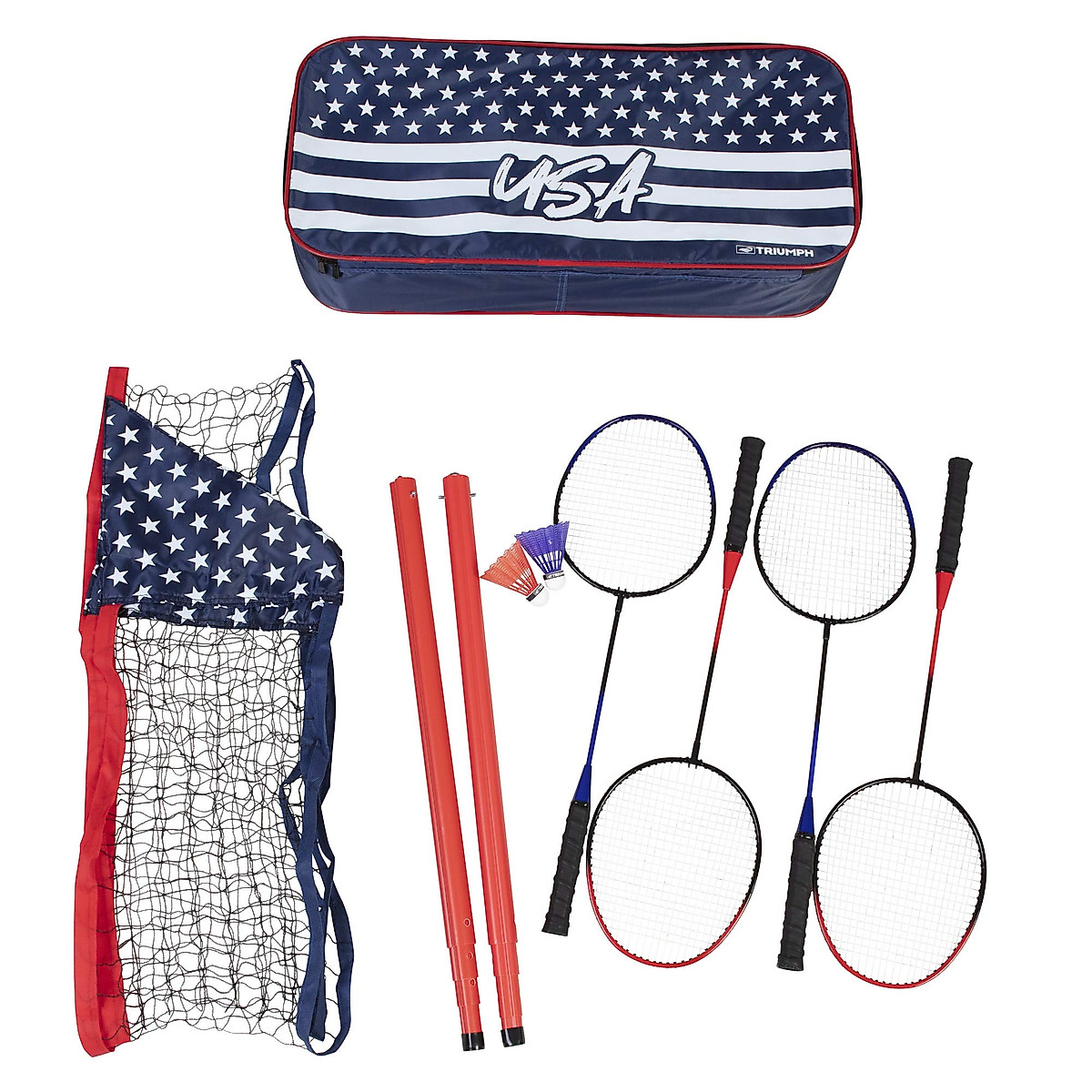 Triumph Sports Patriotic Portable Badminton Set with Freestanding Base Sets Up on Any Surface in Seconds – No Tools or Stakes Required, Multi