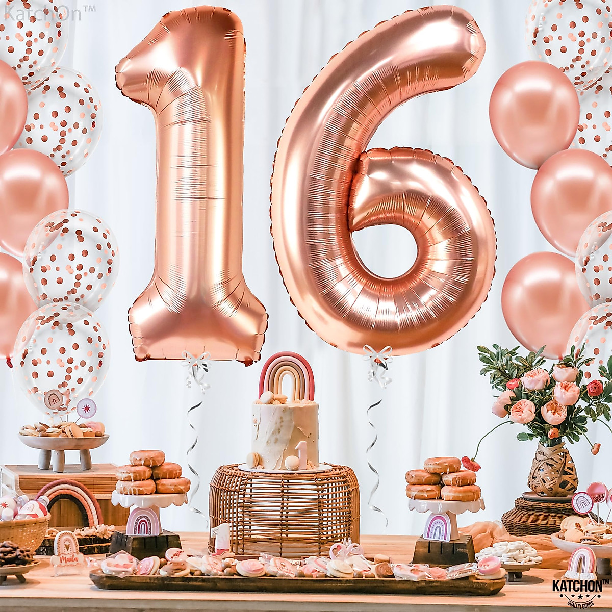 KatchOn, Sweet 16 Balloons Rose Gold - 40 Inch | Sweet 16 Birthday Decorations | Rose Gold 16 Balloon Numbers with Confetti Balloons | Sweet Sixteen Balloons | 16th Birthday Decorations for Girls