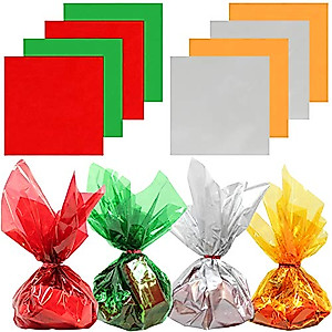 AnapoliZ Cellophane Sheets 120 pcs Pack | (12 x 12 inch) 4 Mix Colors 2.3 Mil | Translucent Holiday, Christmas Cello Sheets - Green, Red, Silver, Gold | Glossy Xmas Colors Sheets for Treats, Crafts