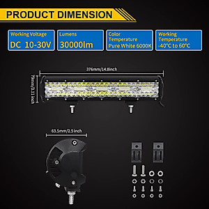 Willpower 15 inch 300W LED Light Bar Spot Flood Combo Triple Row Driving Light Off Road Lights LED Pods Cubes Rocks + Wiring Harness Kit for 4X4 4WD Car ATV UTV SUV Truck Tractor Trailer, 12V 24V DC