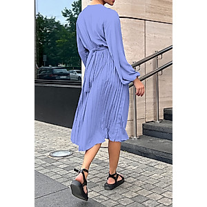 PRETTYGARDEN Women's Spring Midi Dress Long Puff Sleeve Wrap V Neck Flowy Ruffle Pleated Casual Fall Dresses (Blue,Large)