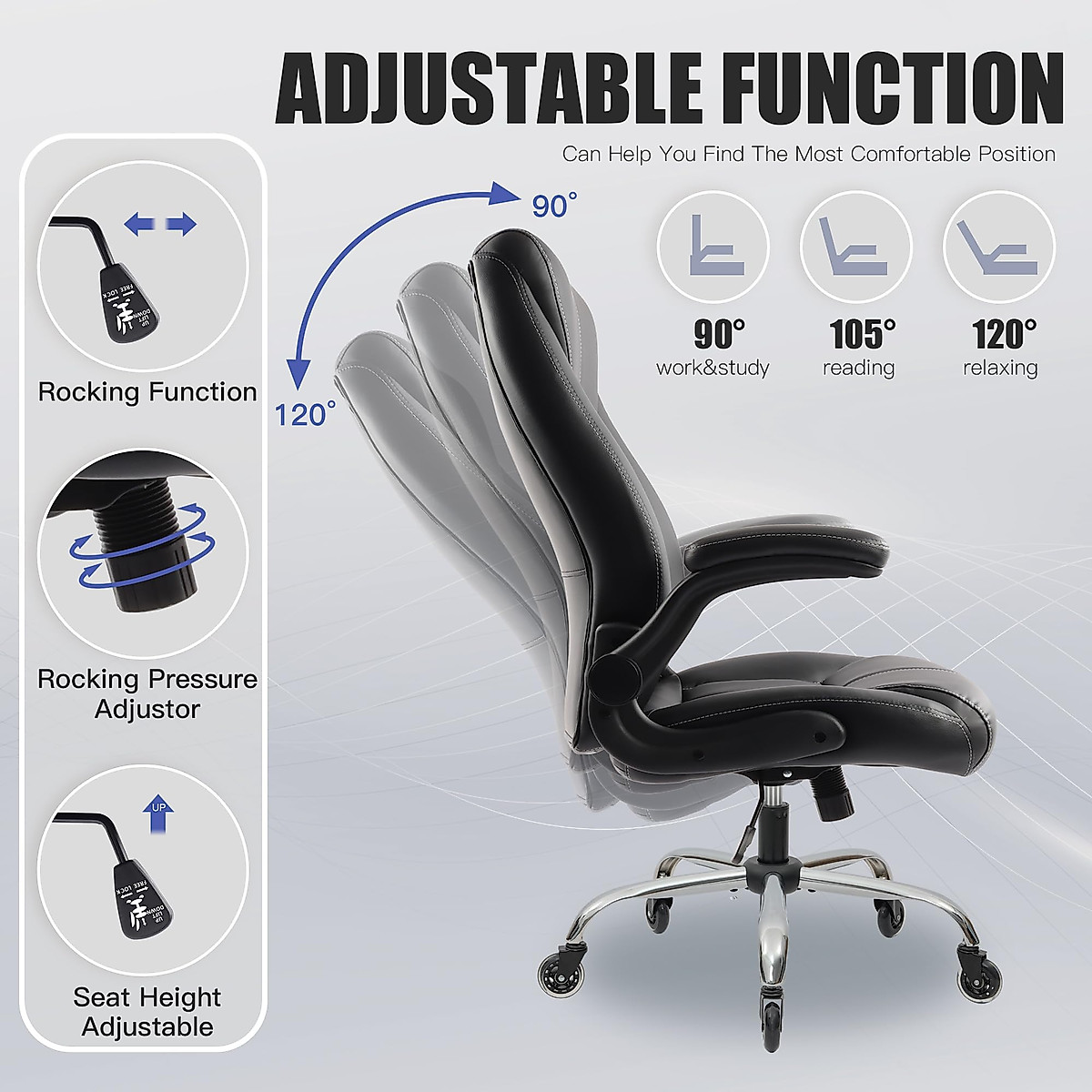 Big and Tall Office Chair for Heavy People 400lb, Executive Desk Computer Chair Adjustable Flip-up Armrests, PU Leather Swivel Task Chair with Ergonomic High Back and Lumbar Support