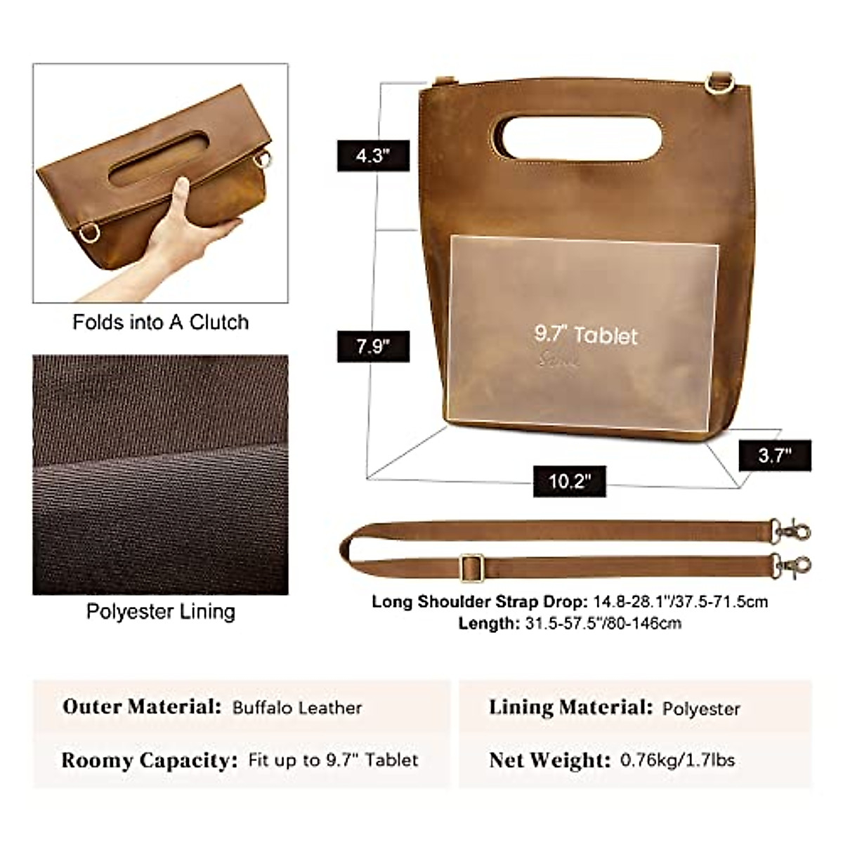 S-ZONE Women Vintage Genuine Leather Crossbody Bag Distressed Foldable Clutch Top Handle Handbag Purse