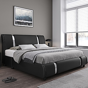 Keyluv Modern Faux Leather Upholstered Platform Bed Frame with Metal Decoration Headboard, Wooden Slats Support, No Box Spring Needed, Queen Size, Black