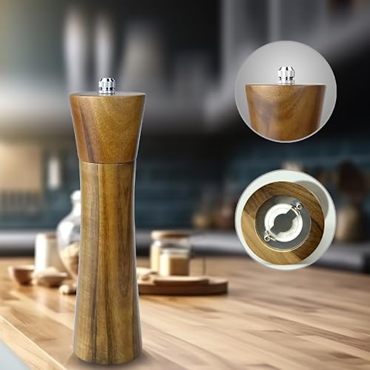 Artmujohn 8" Acacia wooden pepper Grinder,Wood Handicrafts Mills Shakers,Adjustable Ceramic Rotor Pepper Grinder,Refillable spice grinders,Minimalist style salt and pepper Grinder