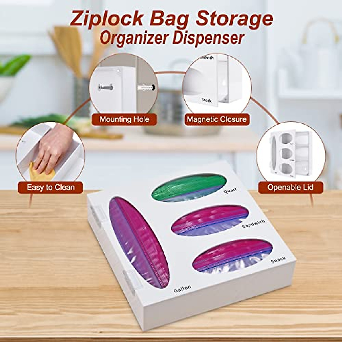 Ziplock Bag Storage Organizer for Kitchen Drawer, Acrylic Baggie Organizer, Zip Lock Bag Dispenser Holder for Gallon, Quart, Sandwich and Snack, Compatible with Ziploc, Solimo, Glad, Hefty,Great Value