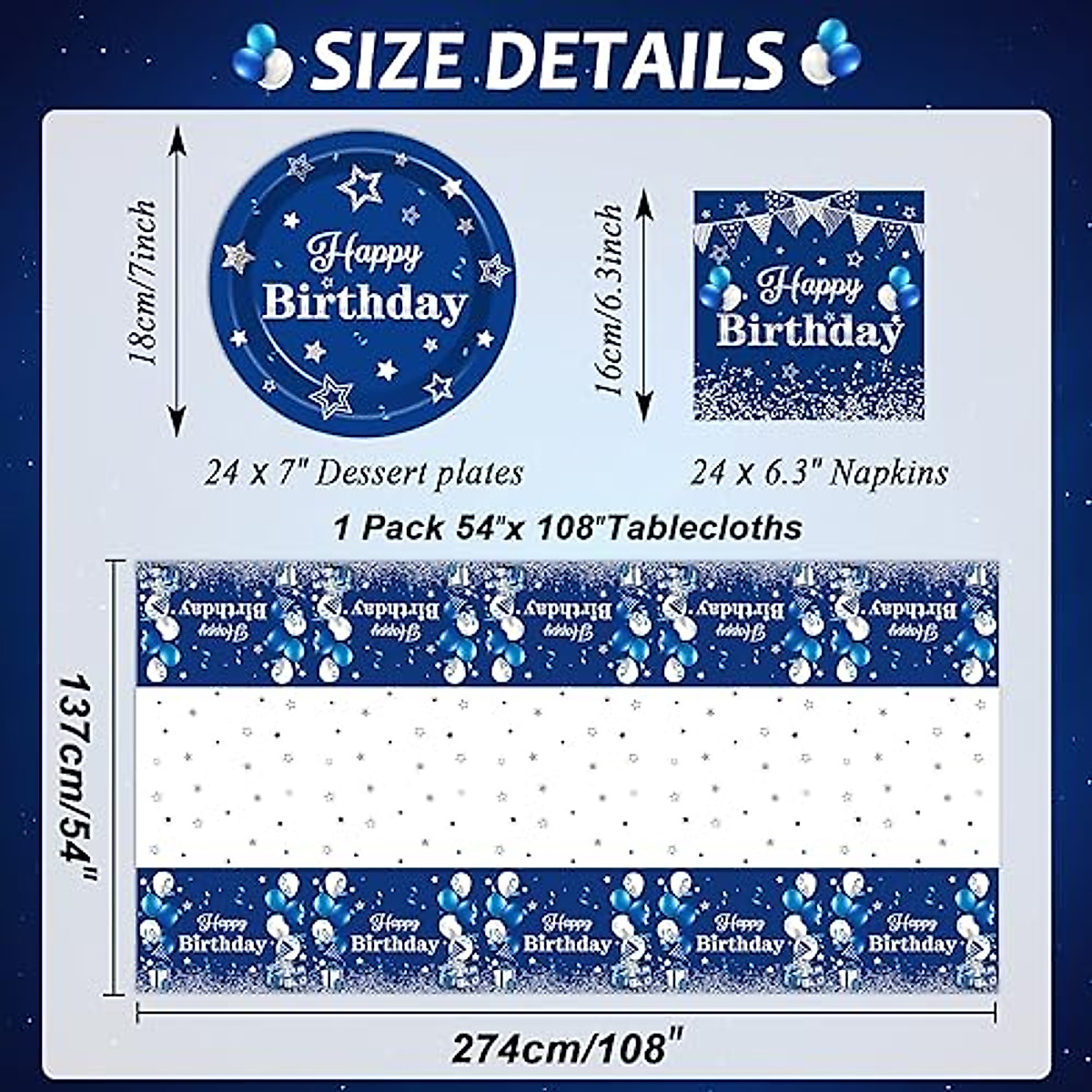 ZOIIWA Navy Blue and Silver Birthday Party Supplies Tableware Set Plates Napkins Tablecloth Serves 24 Guests Baby Shower Wedding Favors (JC0366com)