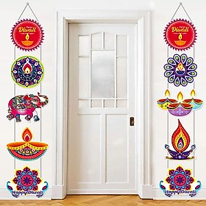Hotop 2 Pcs Happy Diwali Porch Signs 78 x 11.4 Inch Deepavali Themed Hanging Banners Diwali Decorations for Home Festival of Lights Party Front Door Hanging Decorations for Diwali Indian Party Supply