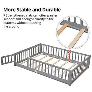 LLS Twin Floor Bed for Children, Durable Montessori Floor Bed with Wood Slats, Safety Fence & Small Door for Girls Boys, Gray (with Bed Slats)