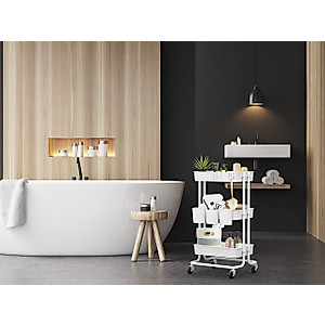 CAXXA 3-Tier Rolling Storage Organizer with 3 Small Baskets - Mobile Utility Cart with Caster Wheels (White)