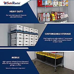 SafeRacks NSF Certified Storage Shelves, Heavy Duty Steel Wire Shelving Unit with Wheels and Adjustable Feet, Used as Pantry Shelf, Garage or Bakers Rack Kitchen Shelving - (24"x60"x72" 4-Tier)