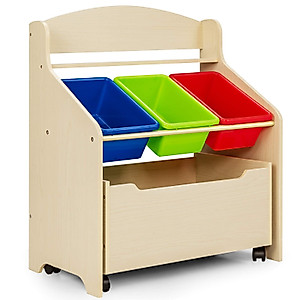 BETTARY Wooden Toy Storage Organizer w/4 Movable Drawers, Multi-Bins Floor Storage Organizer, Toys Storage Display Organizer w/Wheels, Toy Chests & Organizers for Play Room, Reading Nook (Natural)