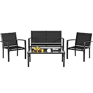 Greesum 4 Pieces Patio Furniture Set, Outdoor Conversation Sets for Patio, Lawn, Garden, Poolside with A Glass Coffee Table, Black
