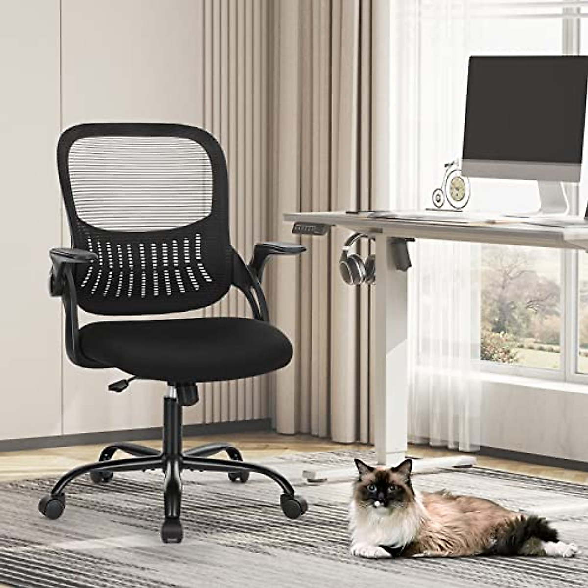 Ergonomic Office Chair with Flip-Up Arms, Home Office Desk Chairs with Wheels, Lumbar Support - Swivel Rolling Mesh Chair with Rock & Lock for Gaming- Computer Chair with Breathable Design