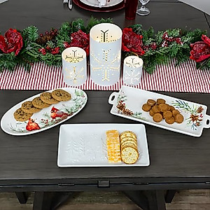 AuldHome Christmas Greenery Ceramic Platter; Long Rectangular Holiday Decorative Serving Tray