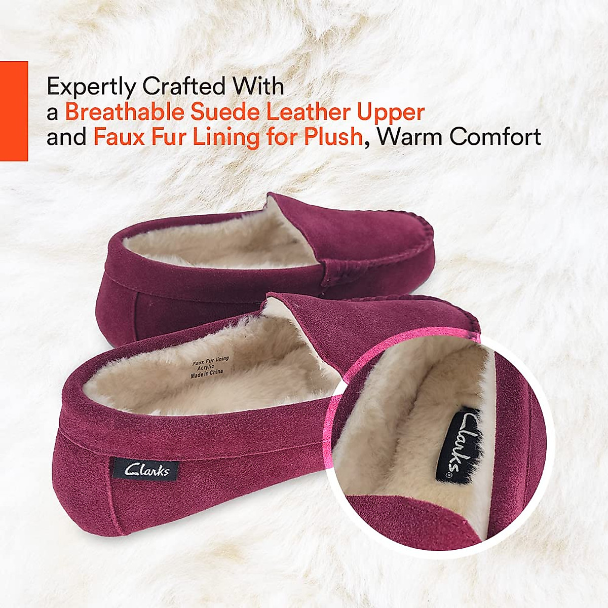 Clarks Women's Venetian Moccasin Slippers, LB0285 Suede IndoorOutdoor Close Back SlipOns with Faux Fur Lining & Gripped TPR Outsole Ladies Cozy Loafers for Driving Lounging & More, Cognac, 8.5